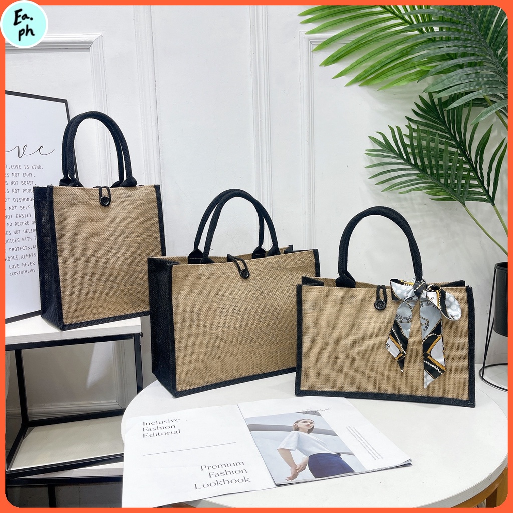 Jute Bag Abaca Women's Tote Bag Linen Shoulder Bag 2-Tone Plain Tote ...