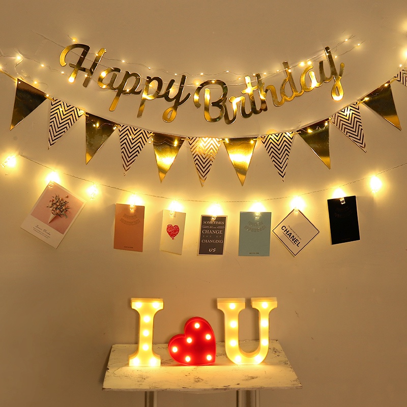 Happy Birthday Banner Flags With LED Clip Light Party Needs Decorations ...