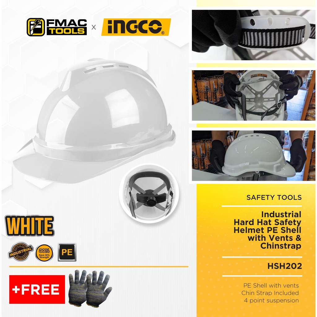 INGCO Industrial White Hard Hat Safety Helmet PE Shell with Vents ...