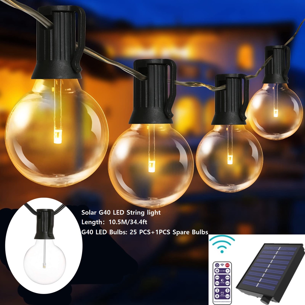 34.4FT/10.5M Solar Garden String Lights Outdoor Fairy Party LED G40 ...