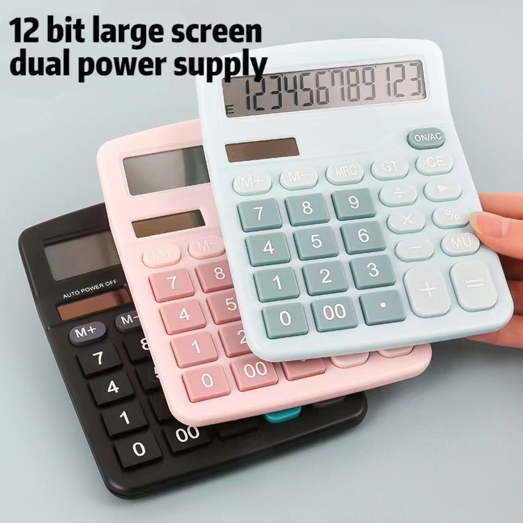 Cute Calculator with 12-Digit Large LCD Display Solar Battery Dual ...