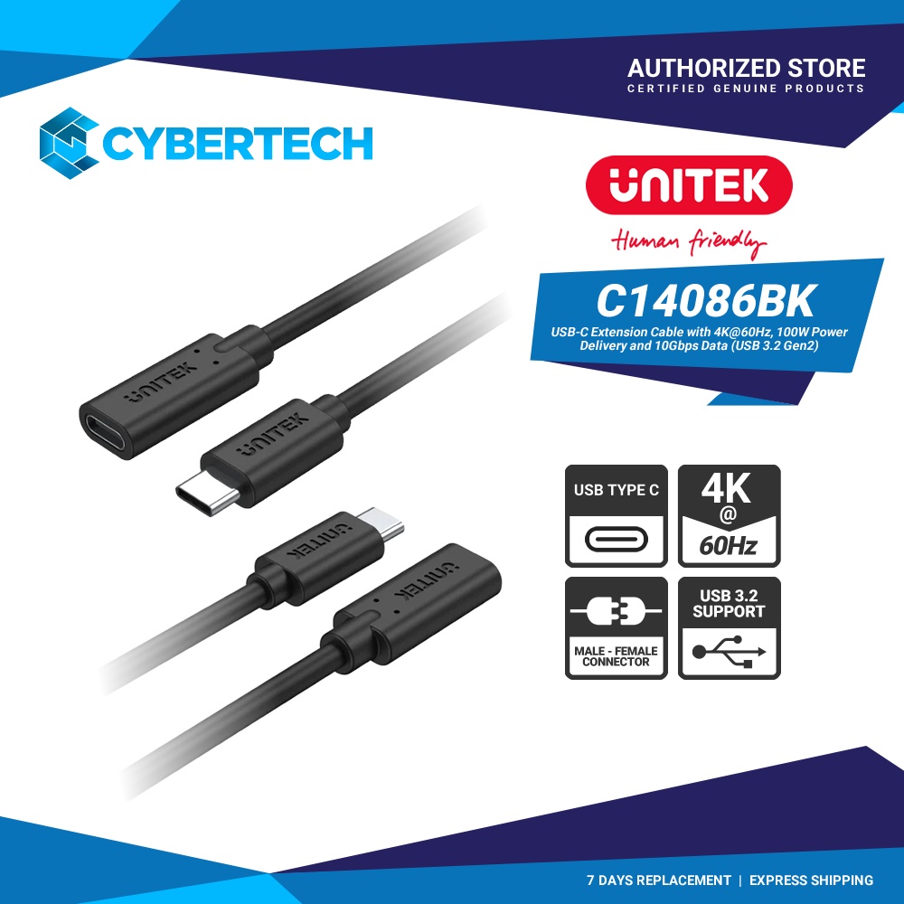 UNITEK C14086BK Full-Featured USB-C Extension Cable With 4K 60Hz 100W Power Delivery | Shopee ...