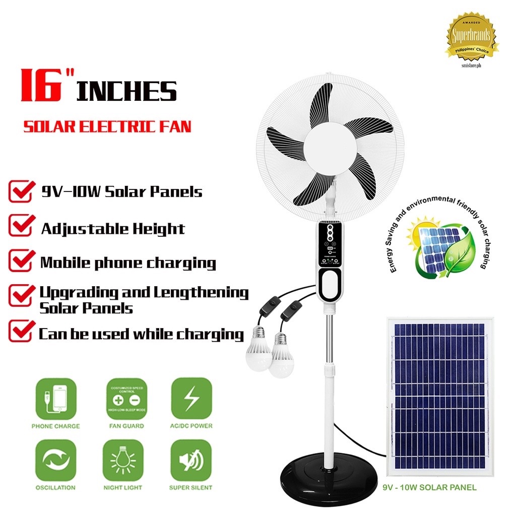 COD KUKU Solar 16 Inch AC/DC Dual Power Rechargeable Stand Fan with Led ...