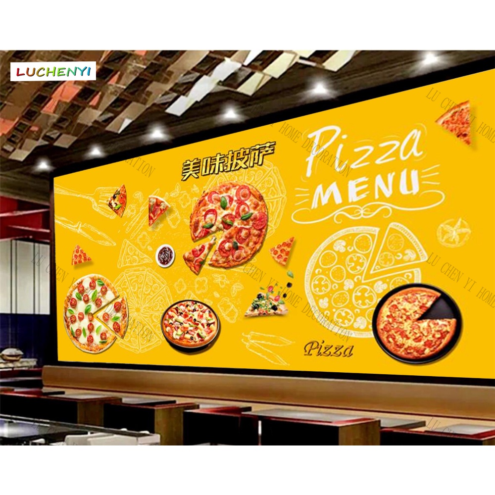 Custom Bright-coloured pizza fast food shop wallpaper mural,restaurant ...