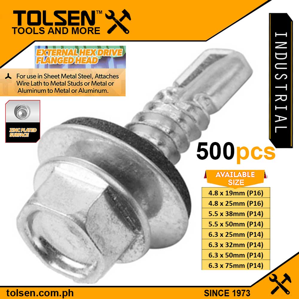 Tolsen 500pcs Zinc Plated Hex Self Drilling Tex Screw w/ Rubber Washer ...