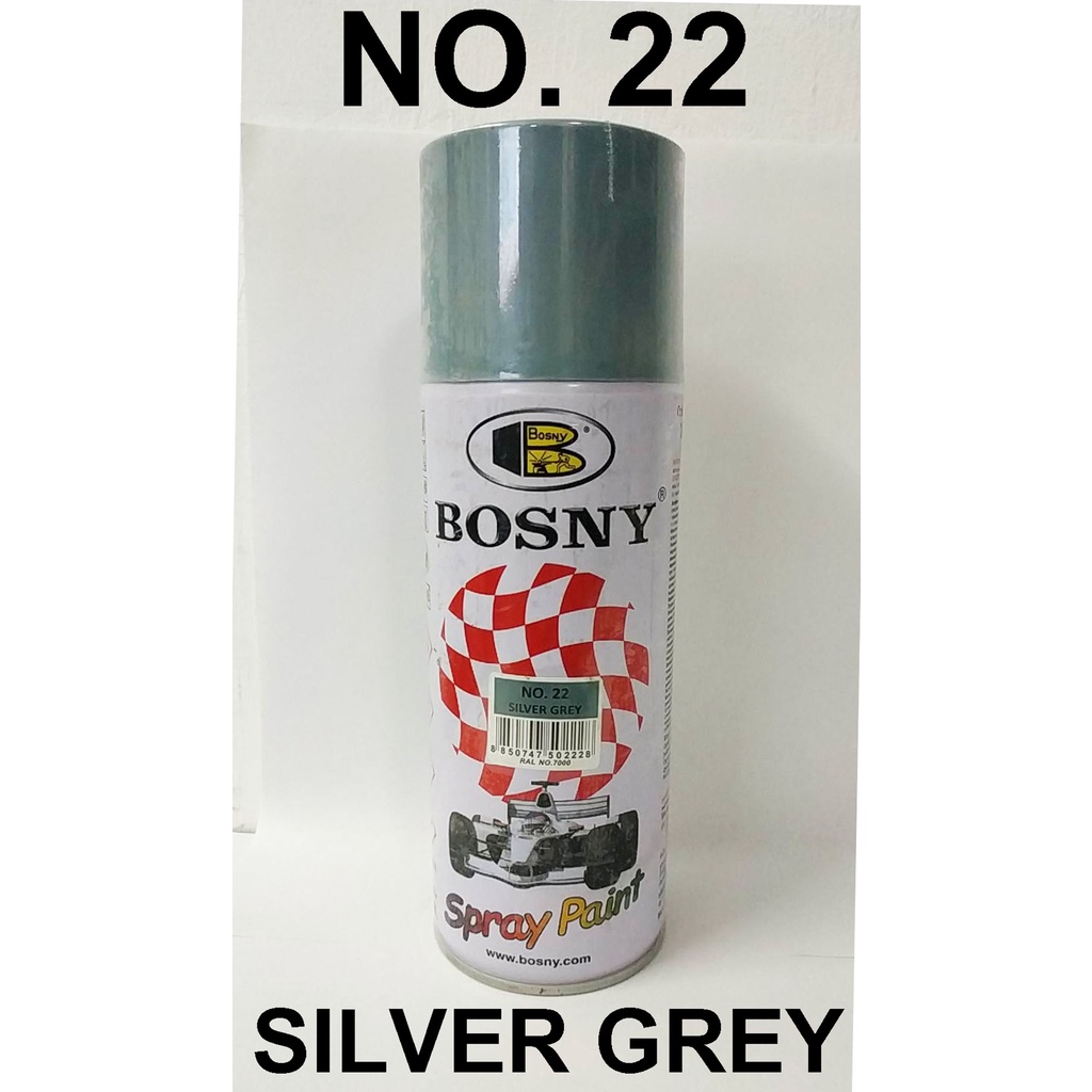 BOSNY SPRAY PAINT NO. 22 SILVER GREY ( 300 GRAMS PER CAN ) SILVER GRAY QUICK DRYING LACQUER ...