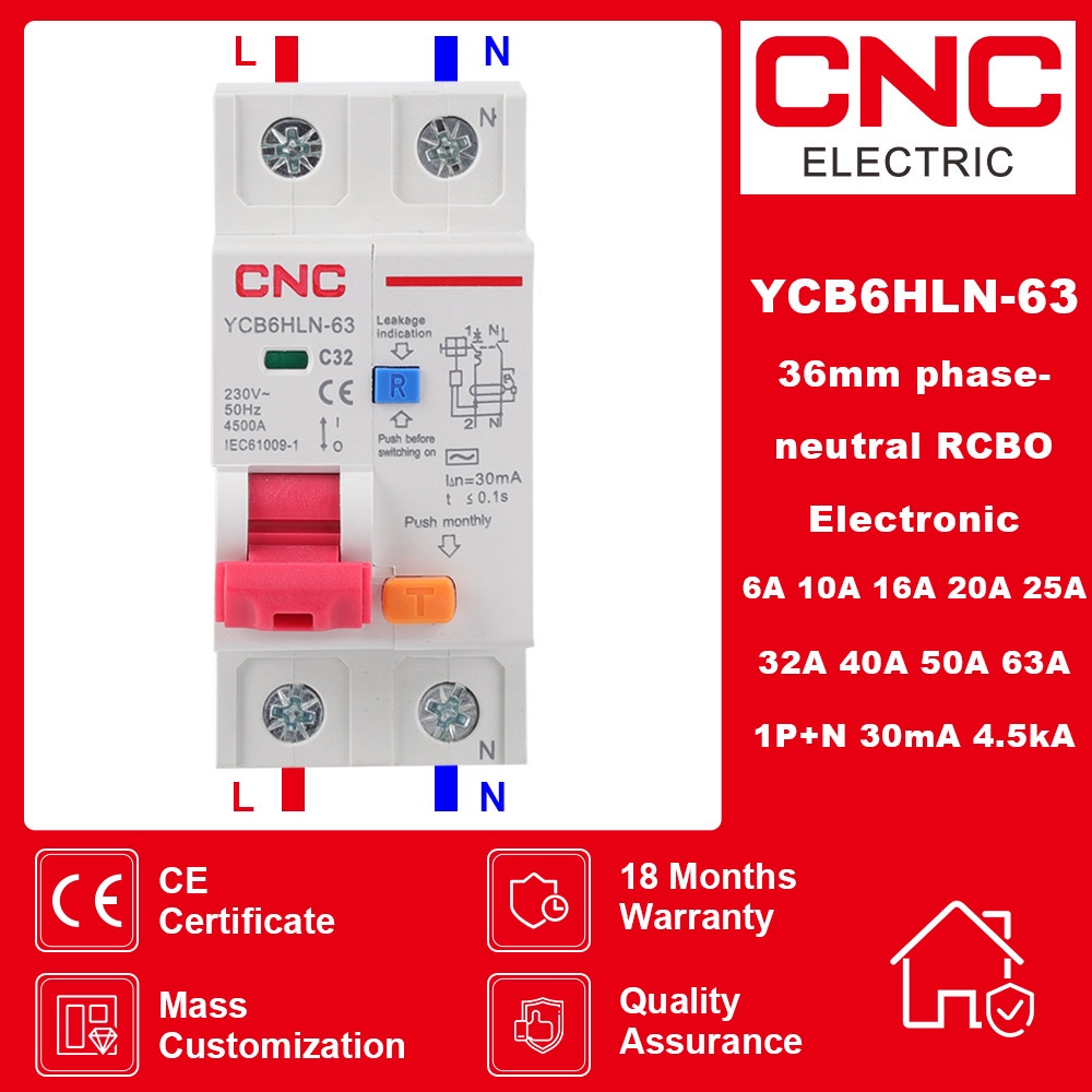 CNC 230V 50/60 HZ RCBO 6/10/16/20/25/32/40/50/63A MCB 30mA Residual Current Circuit Breaker With ...