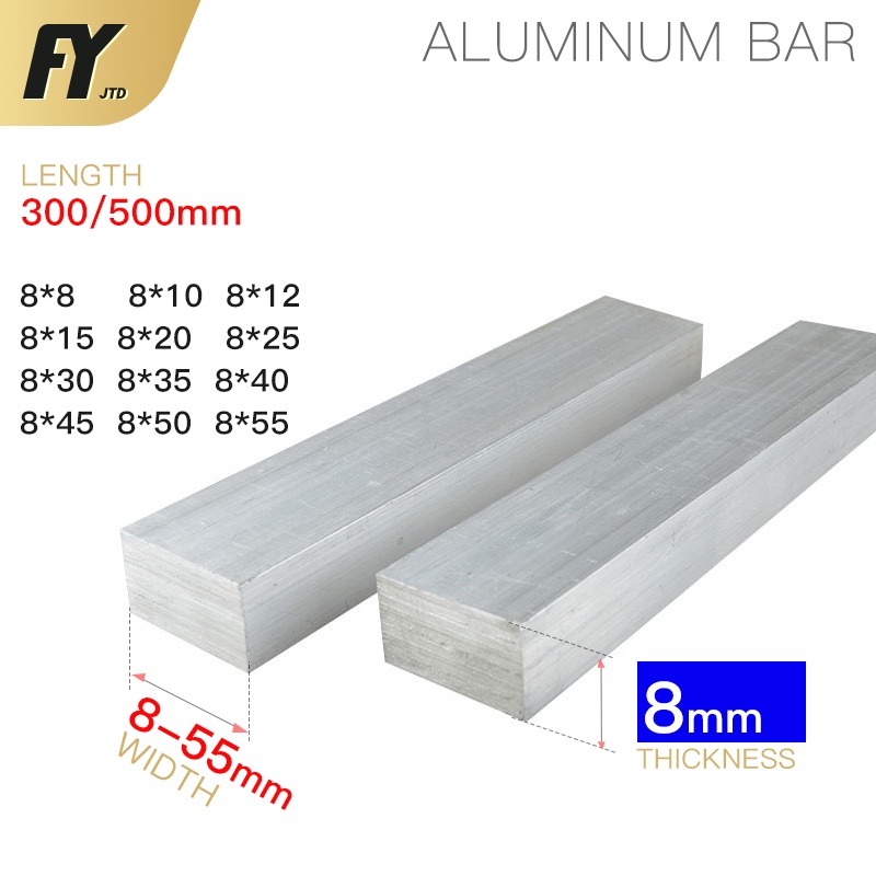 FUYI Aluminium Solid Square Bar 8mm thickness 300mm 500mm length High ...