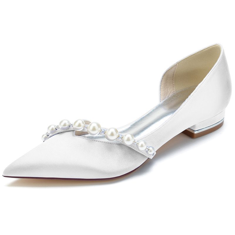 Satin Pearls Wedding Flats Shoes Pointed Toe Slip-on Women Flat Shoes ...