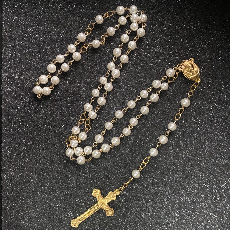 Small Pearl Beads Chain Catholic Cross Crucifixion Charms Virgin Mary ...
