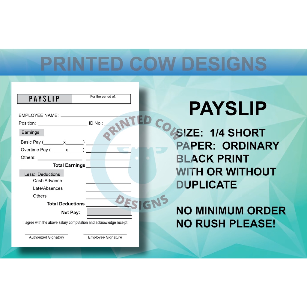 PAYSLIP, CASH ADVANCE, VALE FORM ORDINARY PAPER 4.25 X5.5 INCHES ...