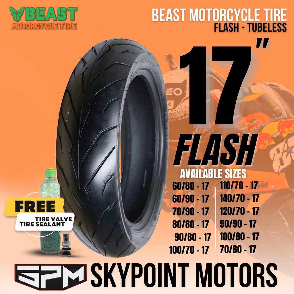 BEAST Tubeless Tire 17 - Motorcycle FLASH 4PR 60/80-17 60/90-17 70/80 ...