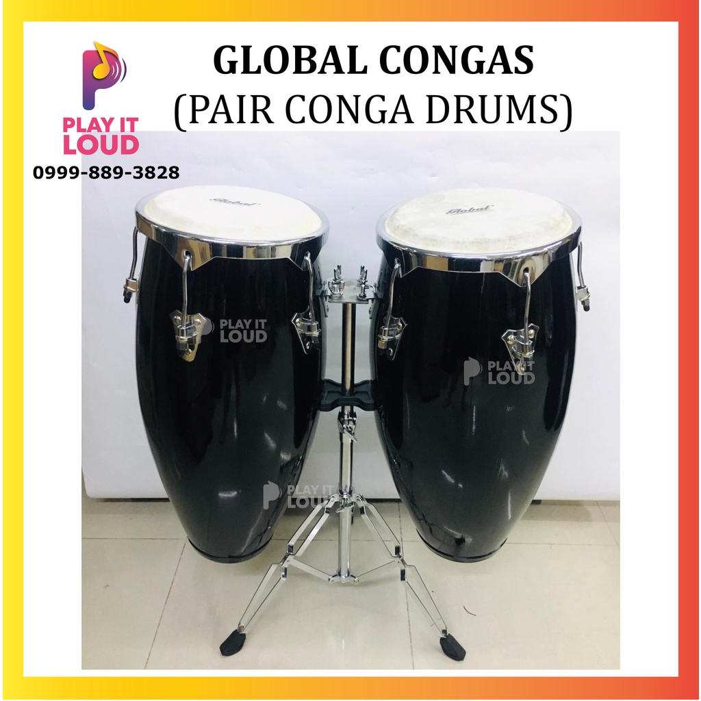 GLOBAL CONGA DRUMS PAIR 10 & 11 GLOSSY BLACK with DOUBLE CONGA STAND ...