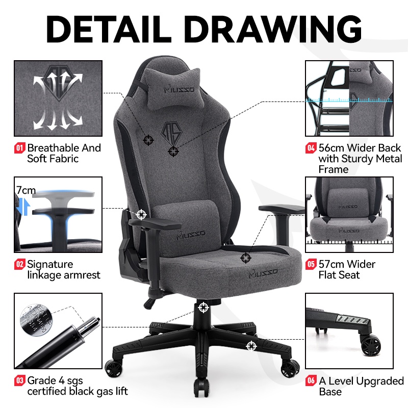 MUSSO Aeolus Series 199A XL Fabric Gaming Chair with Wide Seat High ...