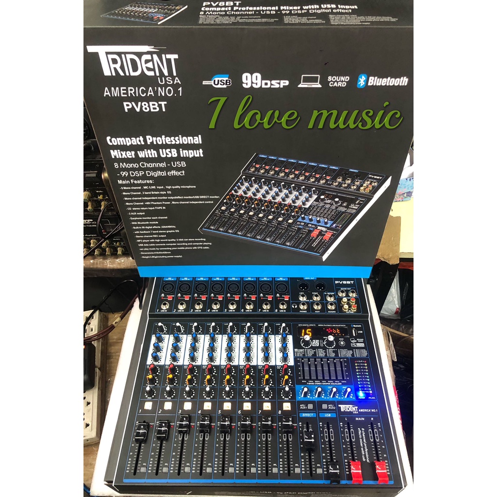 Audio Mixer 8 channel Trident PV8BT with bluetooth/usb input 99 DSP ...