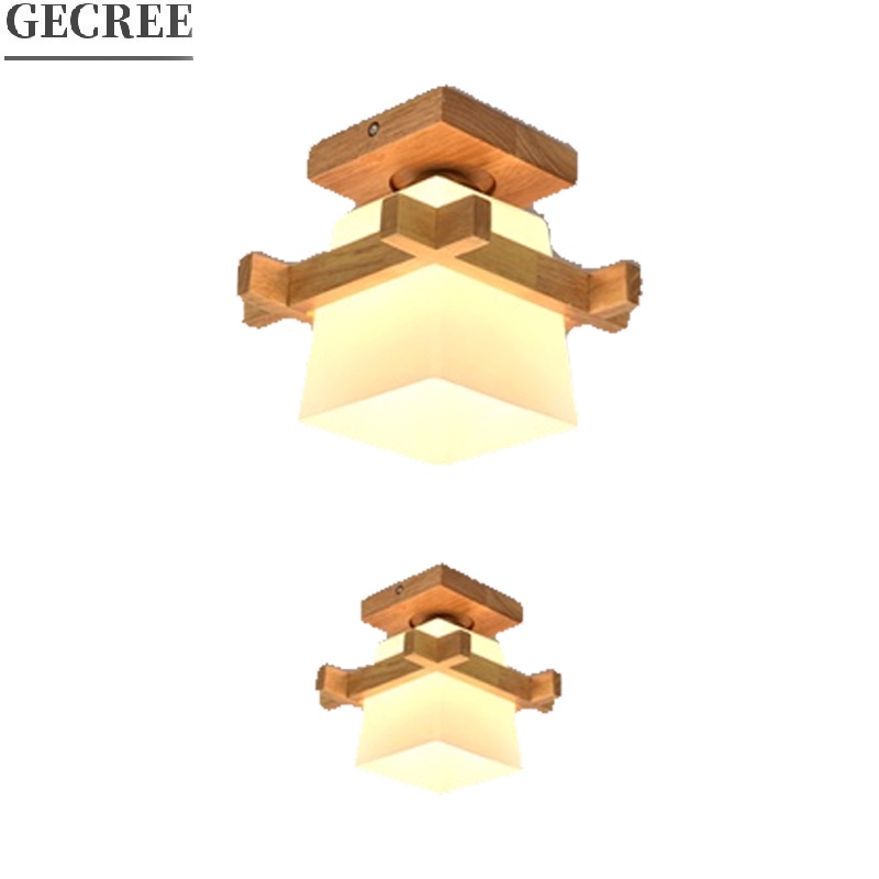 Gecree Ceiling light Solid Wood Glass E27 Wooden lamp Hanging Light ...