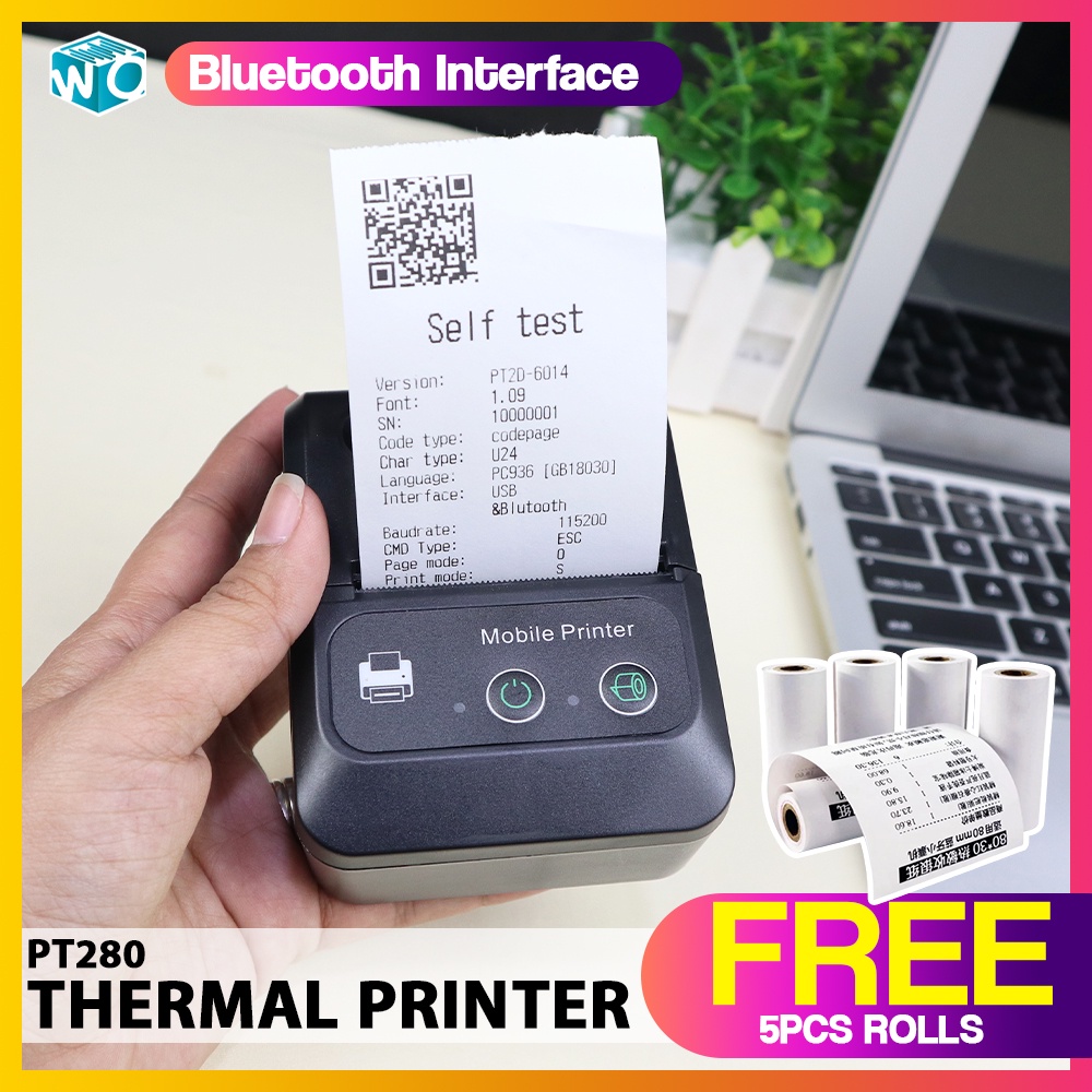 PT-280 Receipt Printer Bluetooth Thermal with FREE 5Rolls 57mmx 50mm ...