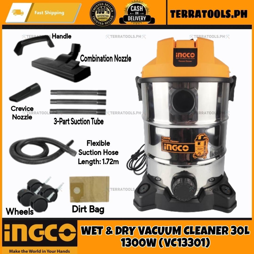 INGCO VC13301 Vacuum Cleaner 30L WET AND DRY 1300W | Shopee Philippines