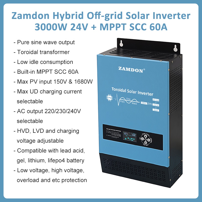 Zamdon Hybrid MPPT Solar Inverter 24V3000W - Toroidal Hybrid Off Grid ...