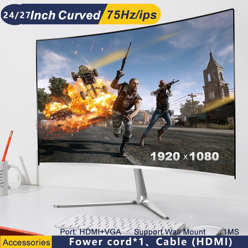 27 inch gaming Monitor Computer 24 inch pc laptop Desktop 75hz IPS 1080P White/Black curved ...