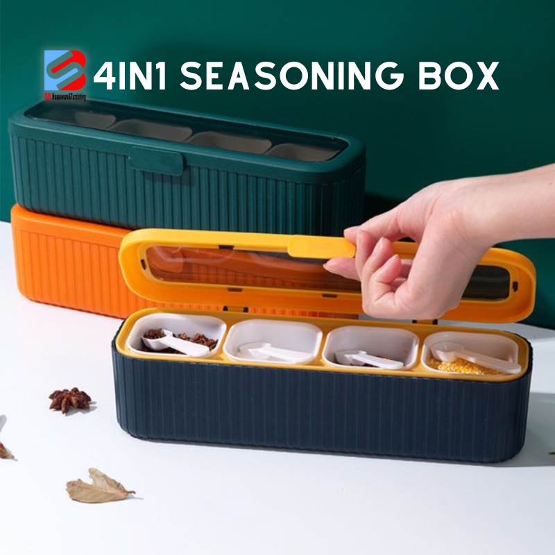 4 Grid Seasoning Box Set Condiments Spice Containers w/Spoon Kitchen ...