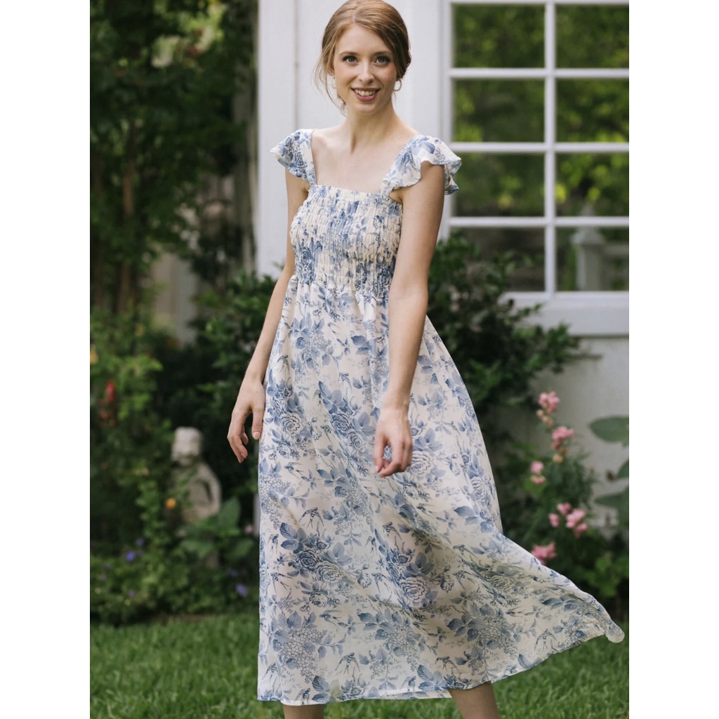 A3043 Melody Fashion Sexy Back Vintage Floral Square Neck Shirred Upper ...