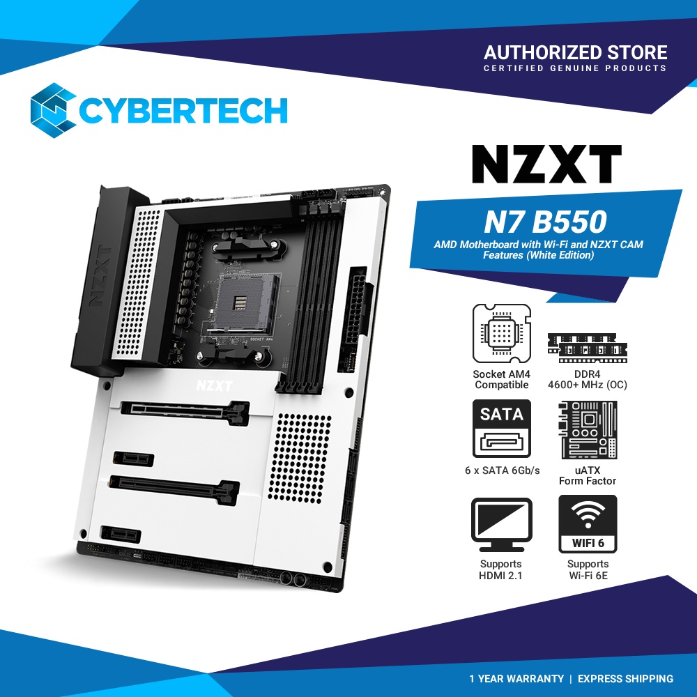 NZXT N7 B550 Motherboard White AMD With Wi-Fi And Cam Features(ATX) (N7 ...
