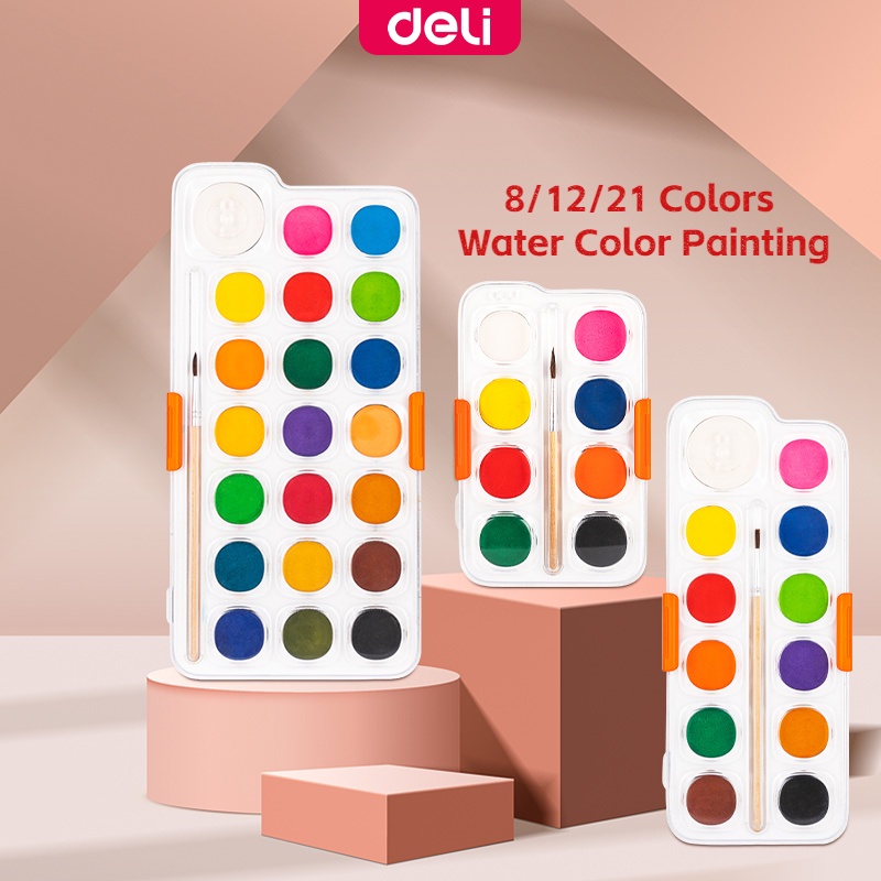 Deli 8/12/21 Colors Watercolor Paint Set With Water Brush Pen Art ...