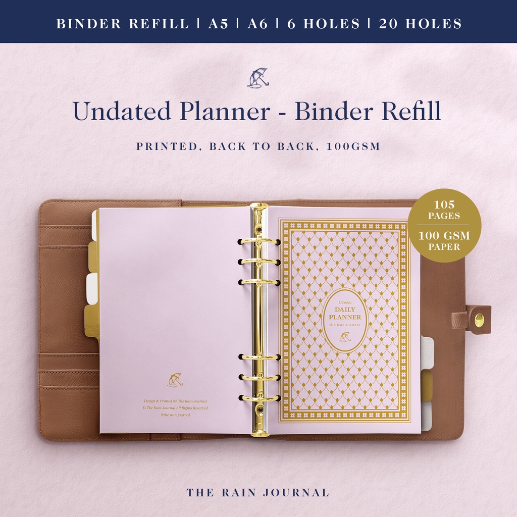 Undated Planner - Binder Refill for 6 Ring or 20 Ring A5 Binder & A6 ...