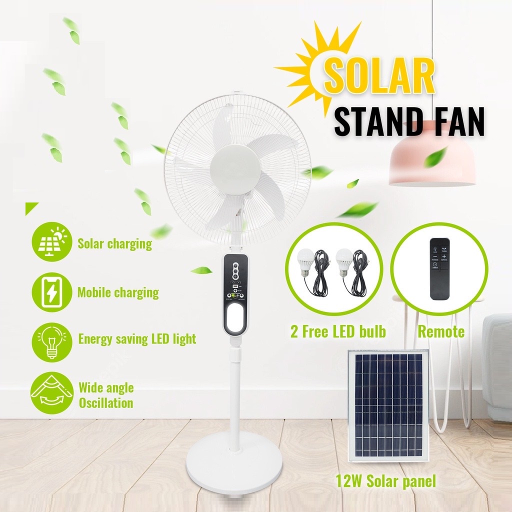 KUKU 16 Inch AC/DC Dual Power Rechargeable Stand Fan with Led Light and ...