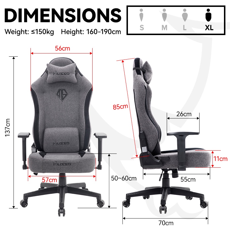 MUSSO 199A Gaming Chair Extra Large Size High-Back Fabric Office Chair ...
