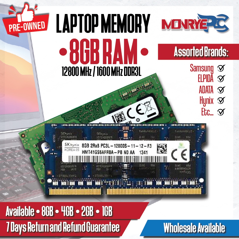 LAPTOP MEMORY / RAM / SODIMM DDR3 8GB 4GB 2GB 1GB (USED) ASSORTED BRAND ...