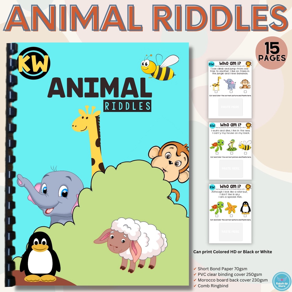 ANIMAL RIDDLES Workbook Worksheets Preschool Kindergarten Toddler Kids ...