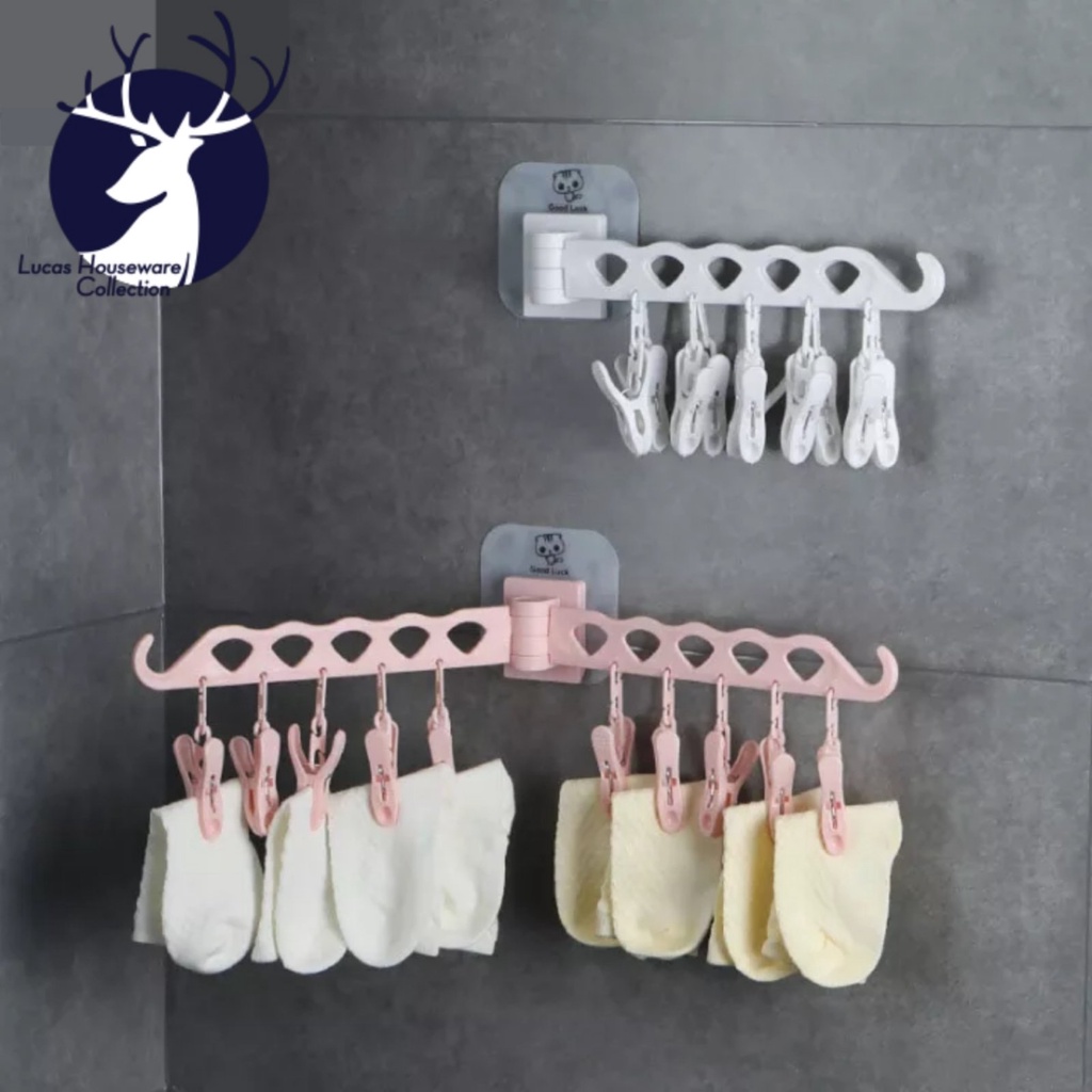 ROTATING CLOTH HANGER WITH CLIPS ADHESIVE WALL MOUNT DRYING RACK ...