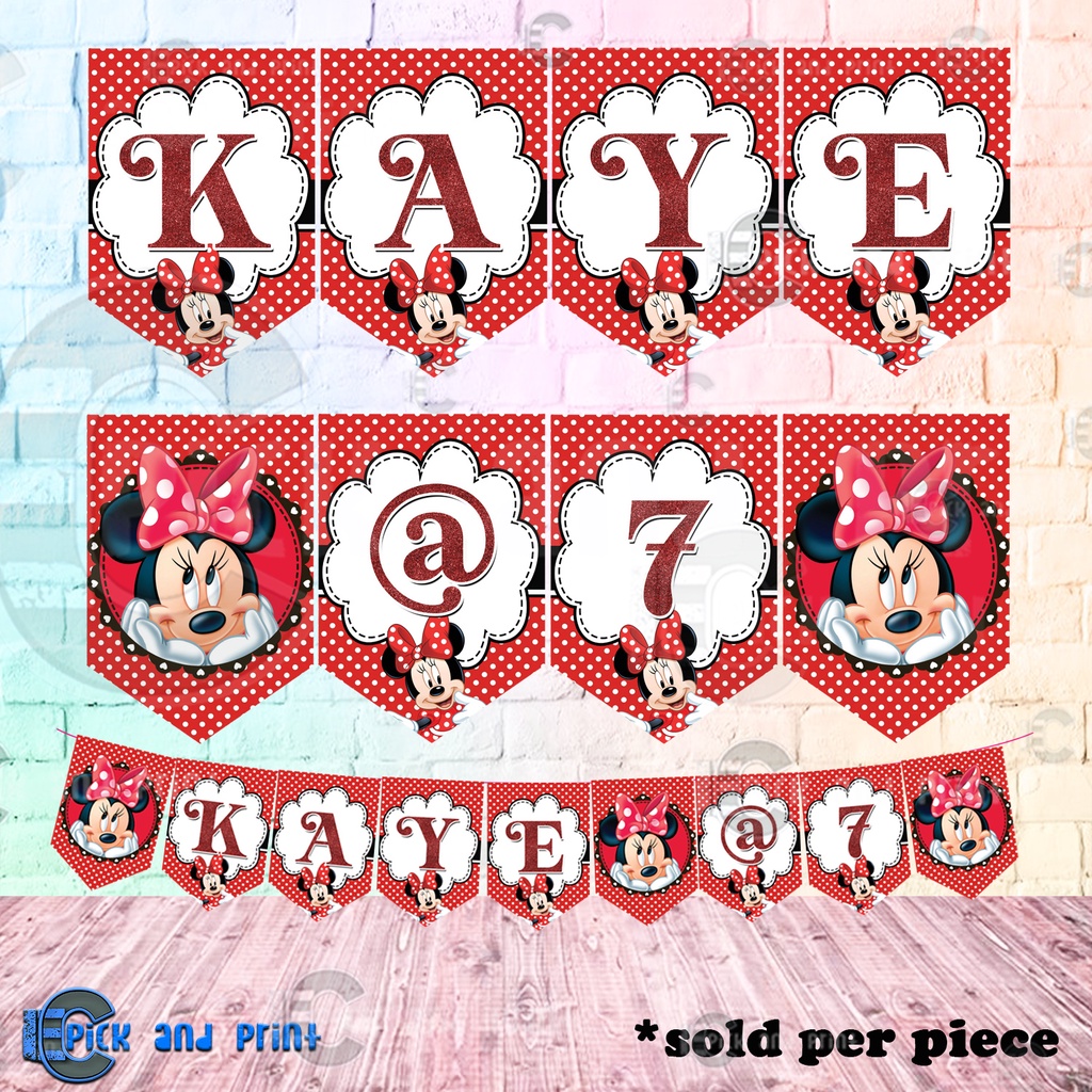 Customized Minnie Mouse Red Theme Name Flag Banner Banderitas for DIY ...