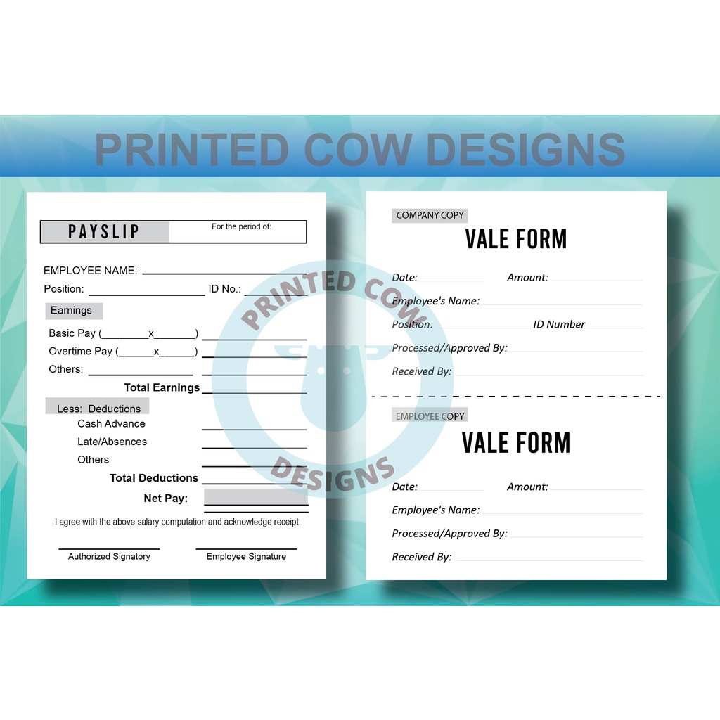 PAYSLIP, CASH ADVANCE, VALE FORM ORDINARY PAPER 4.25 X5.5 INCHES ...