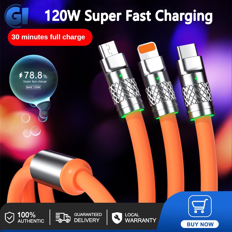 3in1 120W Super Fast Charge Cable Zinc Alloy Type C Liquid Silicone ...