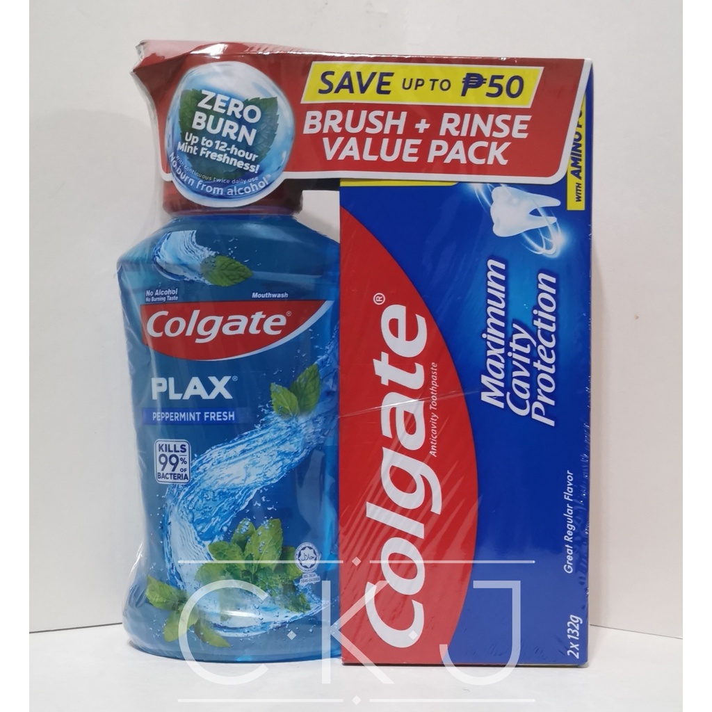 Colgate Brush + Rinse Value Pack (Plax Peppermint + Great Regular ...