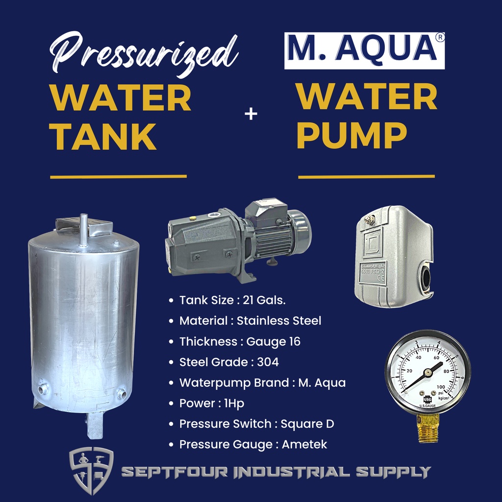 M. Aqua 1Hp Waterpump with 21 Gals. Stainless Steel Pressure Tank, Switch and Gauge (set ...