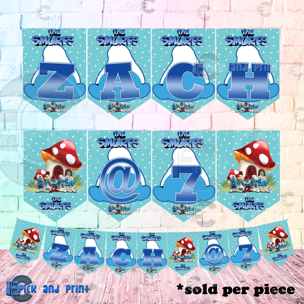 Customized The Smurfs Theme Name Flag Banner Banderitas for DIY Party ...