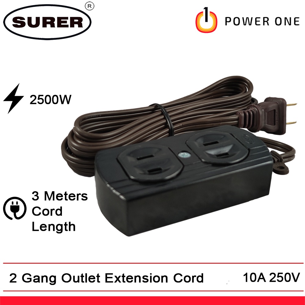 Surer 3102 (3m/4m/5m/6m) 2-Gang Parallel Outlet Extension Cord with 2 ...