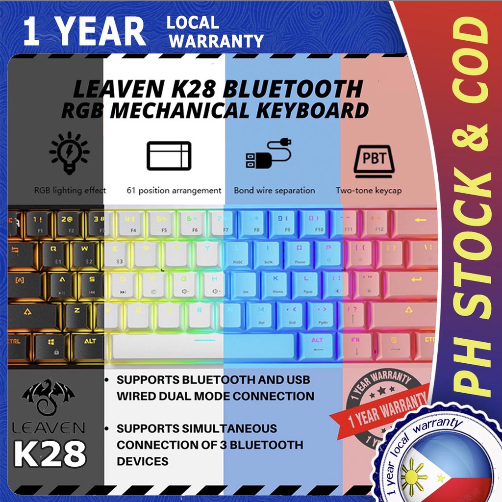 ๑Leaven K28 Mechanical Keyboard 61 Keys Hotswap Bluetooth & Wired ...