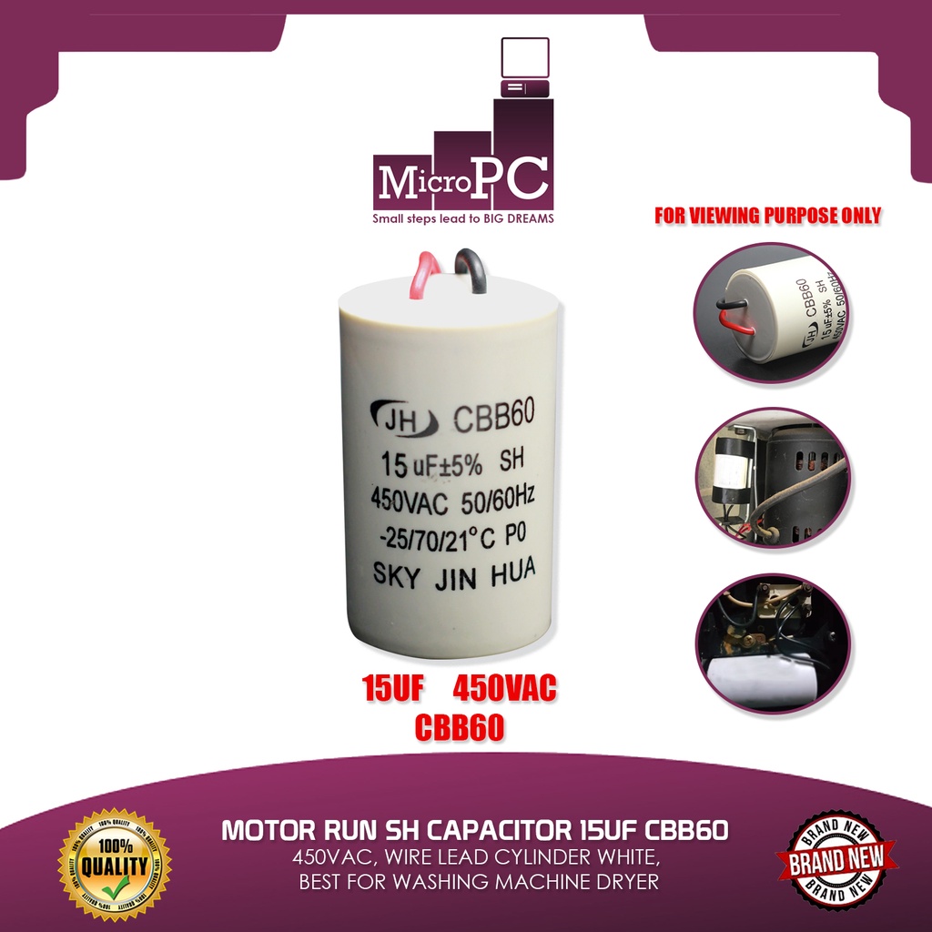 MOTOR RUN SH CAPACITOR 15UF CBB60 450VAC, WIRE LEAD CYLINDER WHITE ...