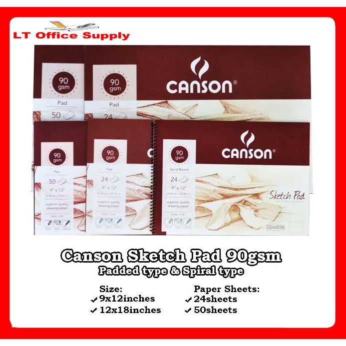 Canson Sketch Pad 90gsm 24sheets / 50 Sheets Size 9x12 inch / 12x18 ...