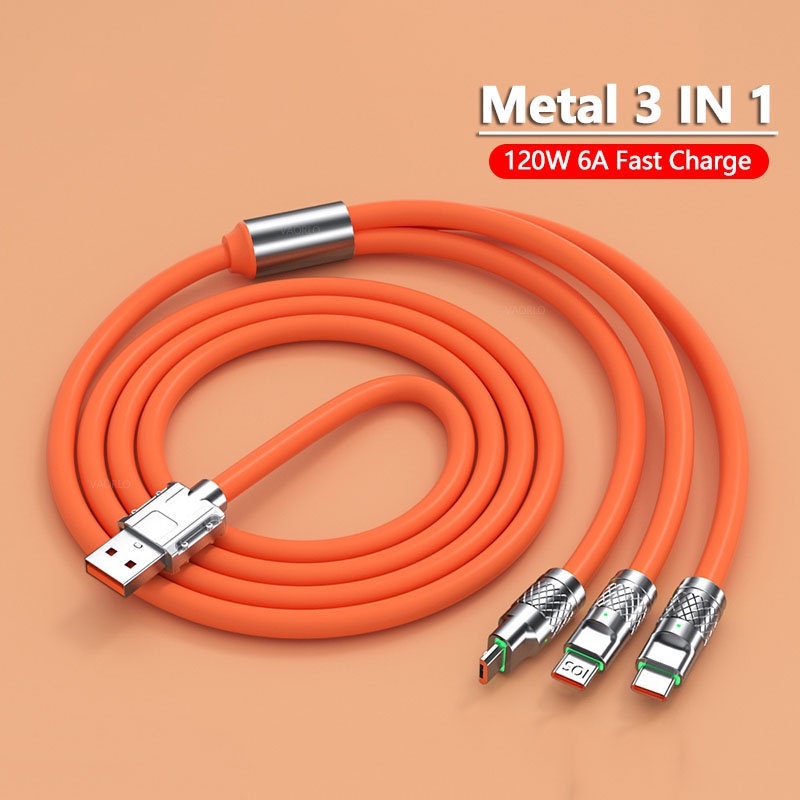 3 IN 1 Zinc Alloy Charging Cable 120W 6A Super Fast Charger USB ...