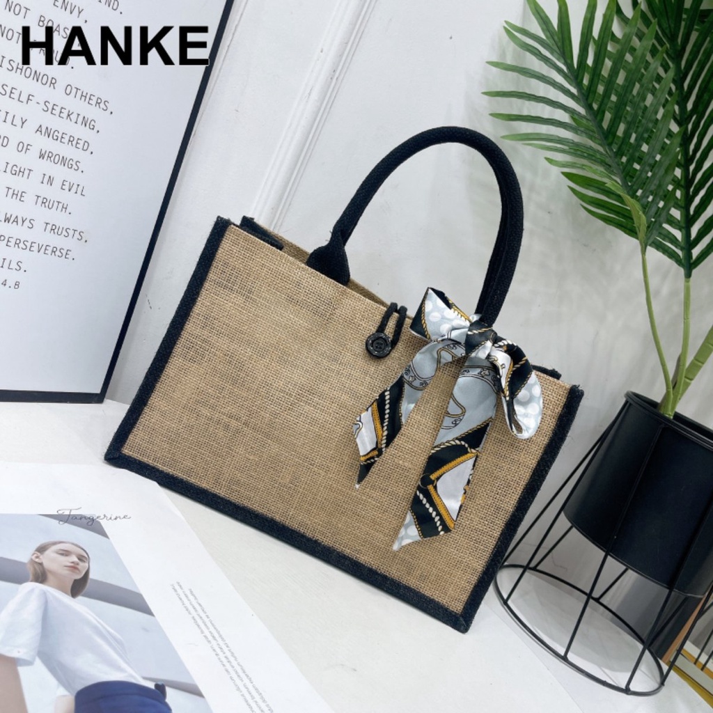 HANKE Abaca Burlap Tote Bag Linen Eco-Friendly Reusable Women's Jute ...