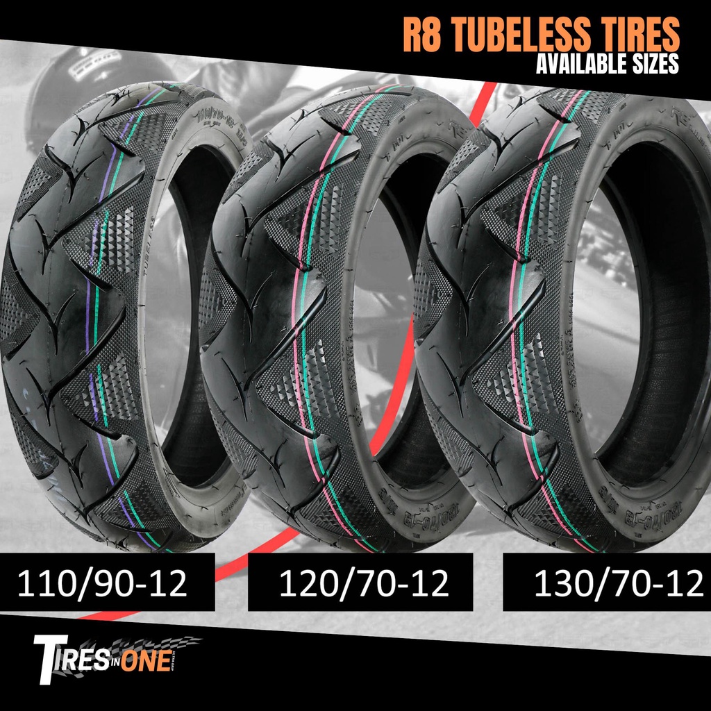 R8 TUBELESS TIRE 110/90-12, 120/70-12, 130/70-12 FOR YAMAHA MIO GRAVIS ...