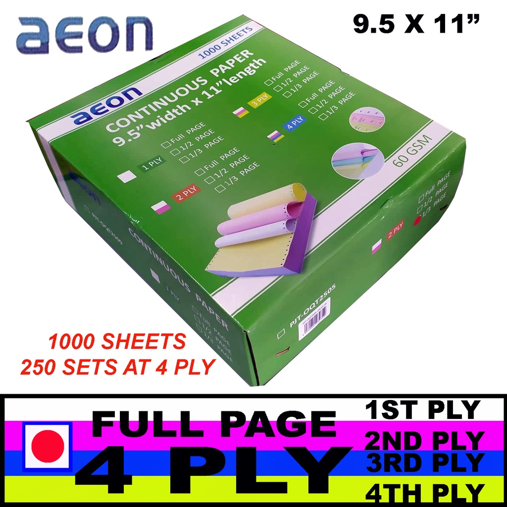 AEON 4Ply Carbonless Continuous Form Paper 1Whole 1000Sheets 250Sets 9 ...
