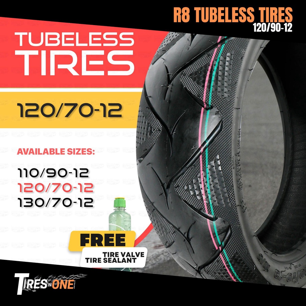 R8 TUBELESS TIRE 110/90-12, 120/70-12, 130/70-12 FOR YAMAHA MIO GRAVIS WITH FREE SEALANT AND ...