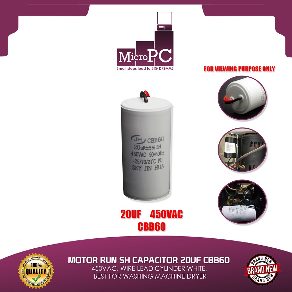 MOTOR RUN SH CAPACITOR 20UF CBB60 450VAC, WIRE LEAD CYLINDER WHITE ...